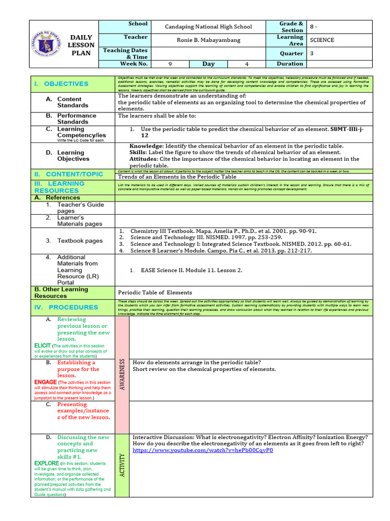 Science 8 DLP Q3W9D4 | PDF | Learning | Ion