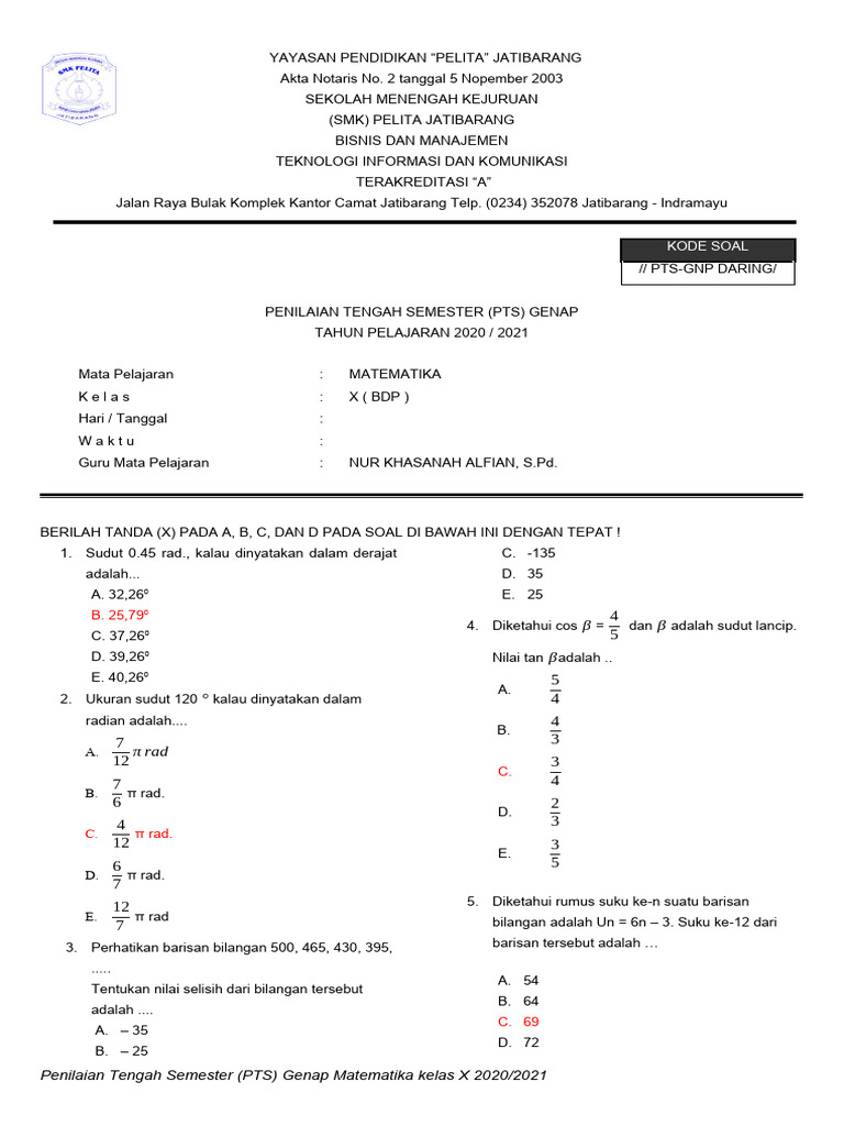 Soal X (BDP) MTK (Nur Khasanah) | PDF