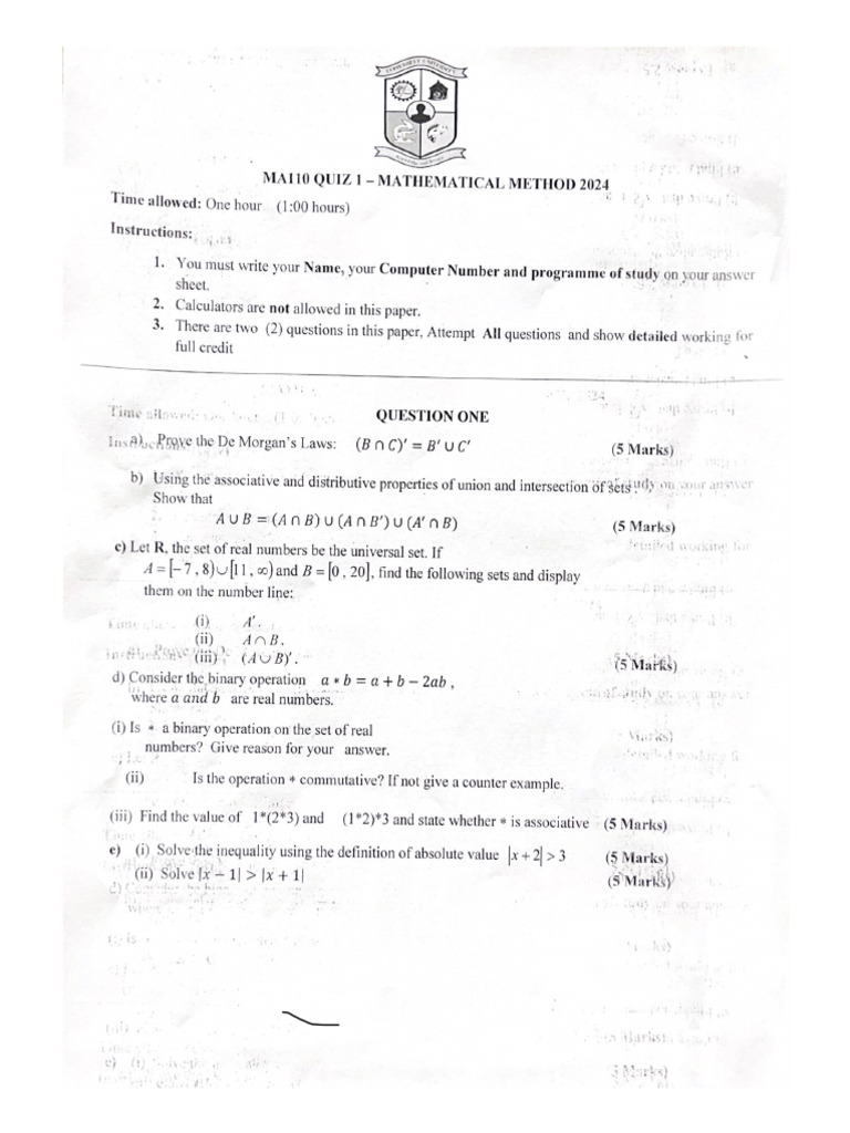 Ma110 Quiz 1 - Mathematical Method 2024 | PDF