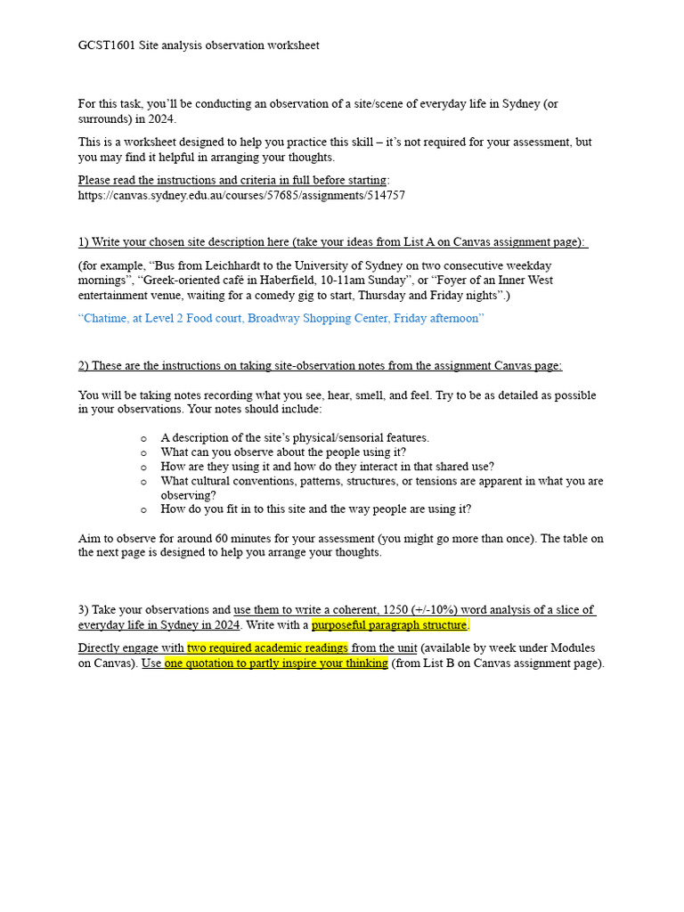 GCST1601 Site Analysis Practice Observation Worksheet | PDF | Behavior ...