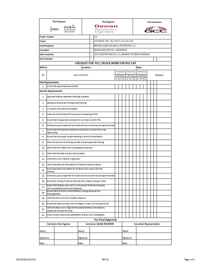 Checklist For PCC, Block Work | PDF | Concrete | Real Estate