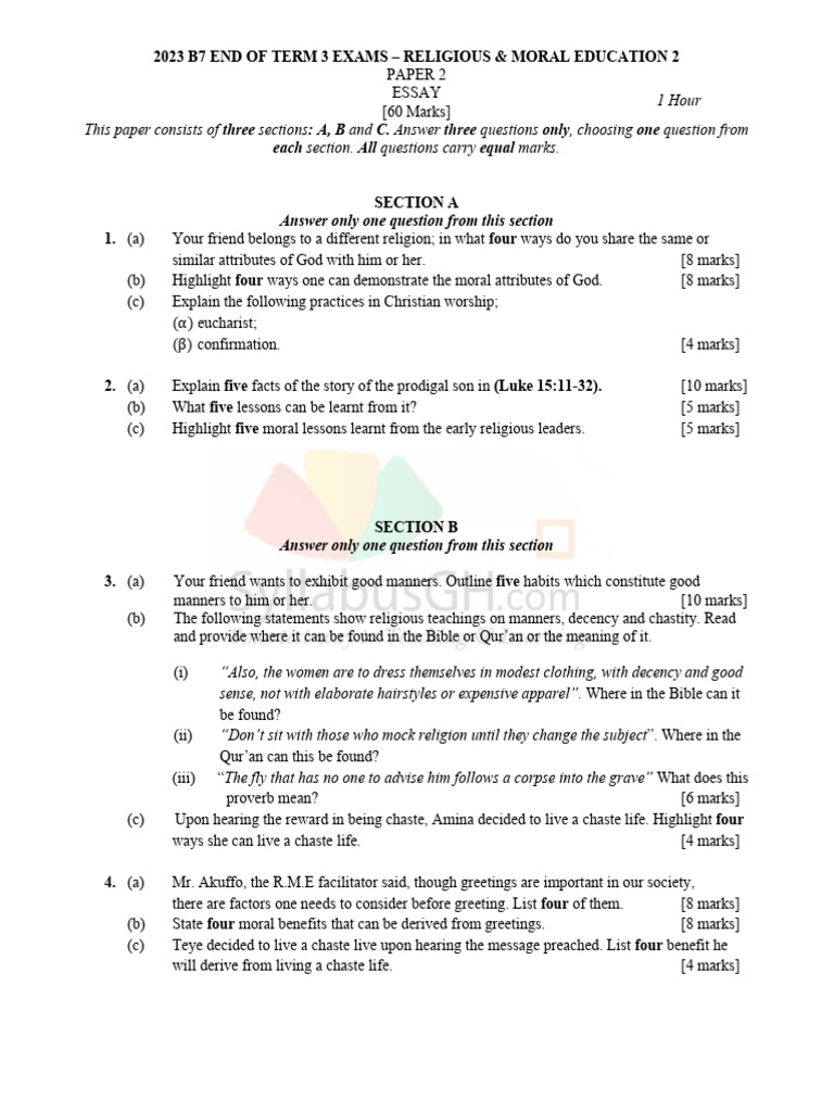 2023 B7 End of Term 3 Exams - RME 2 | PDF