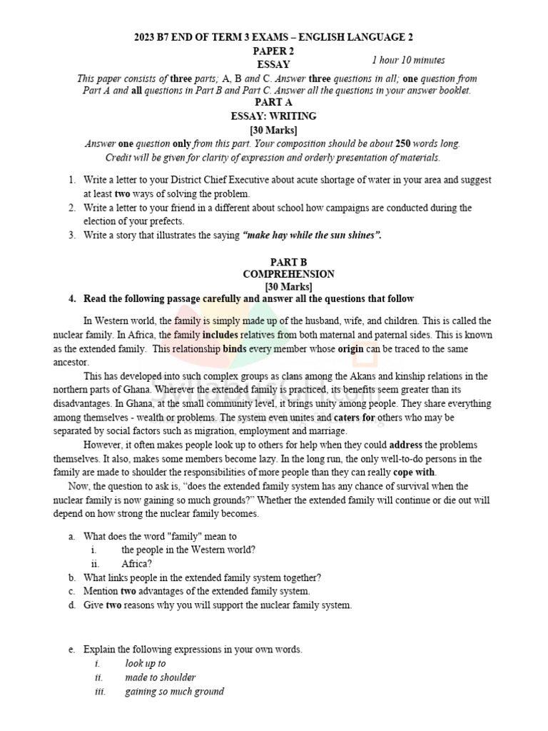 2023 B7 End of Term 3 Exams - English Lang 2 | PDF | Family | Linguistics