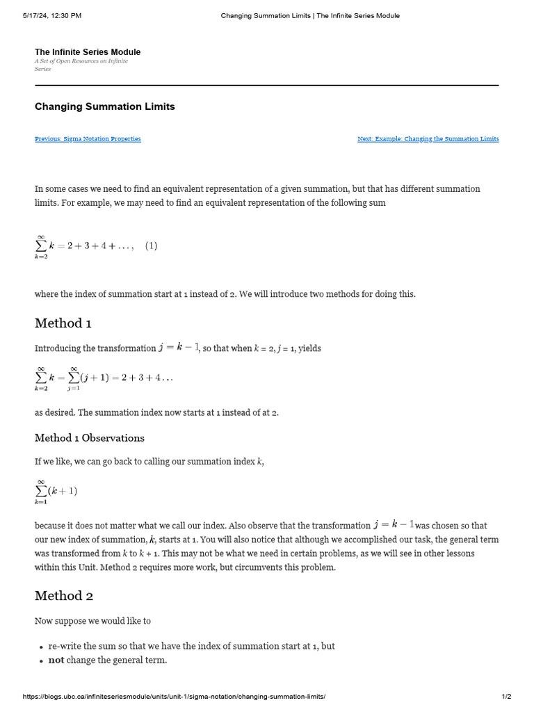 Changing Summation Limits - The Infinite Series Module | PDF | Summation | Series (Mathematics)