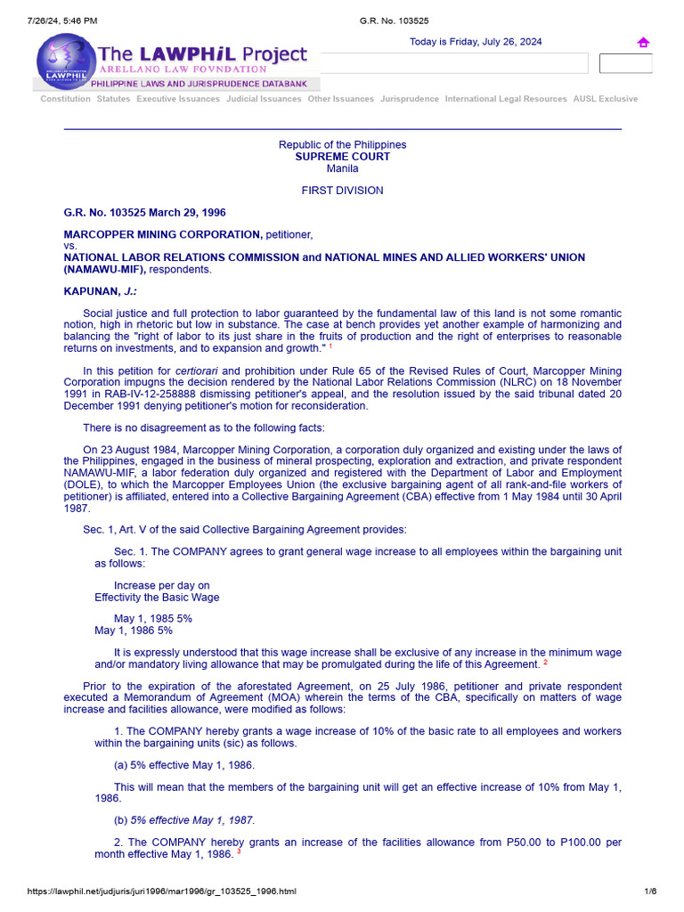 Marcopper Mining V NLRC Etc., G.R. No. 103525, Mar 29, 1996 | PDF ...