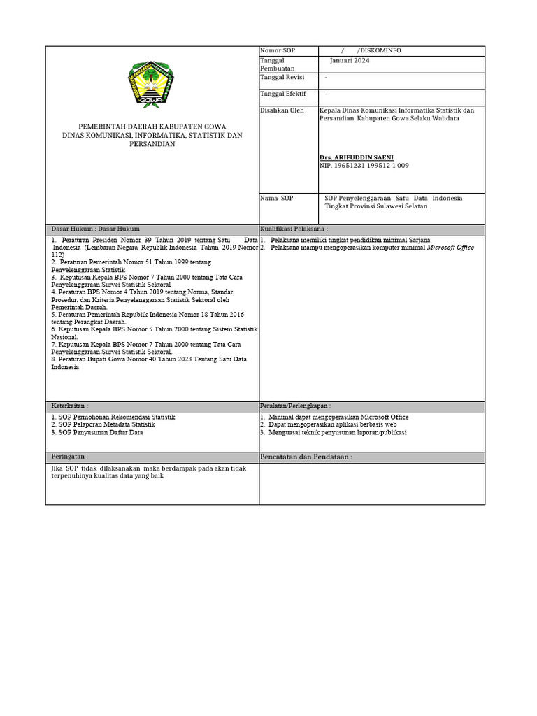00 SOP Probis Penyelenggaraan Statistik Sektoral | PDF