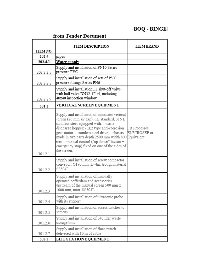 BOQ - BINGERVILLESTP 3,136 Cumd | PDF | Pump | Valve