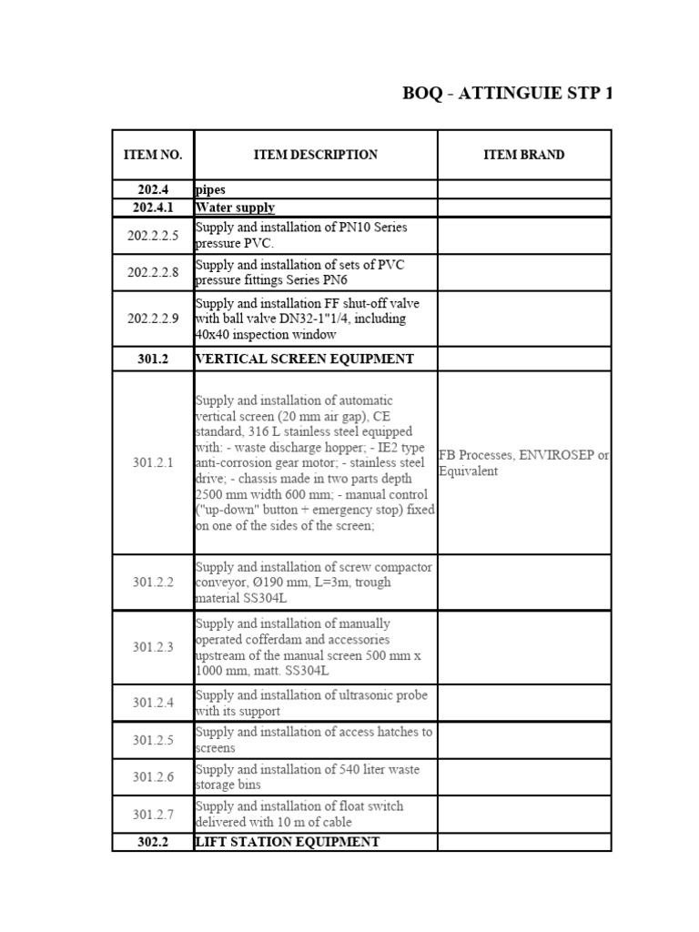 Boq - Attinguie STP 1,960 Cumd | PDF | Pump | Valve
