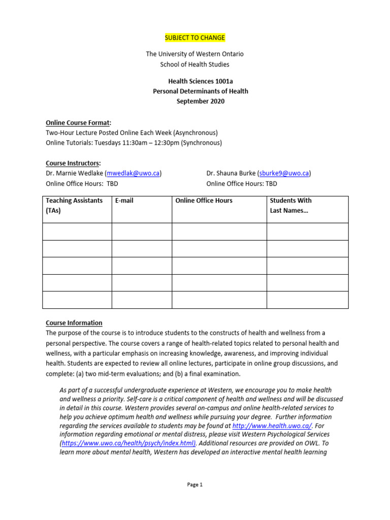 Health Sciences 1001a Personal Determinants of Health September 2020 ...