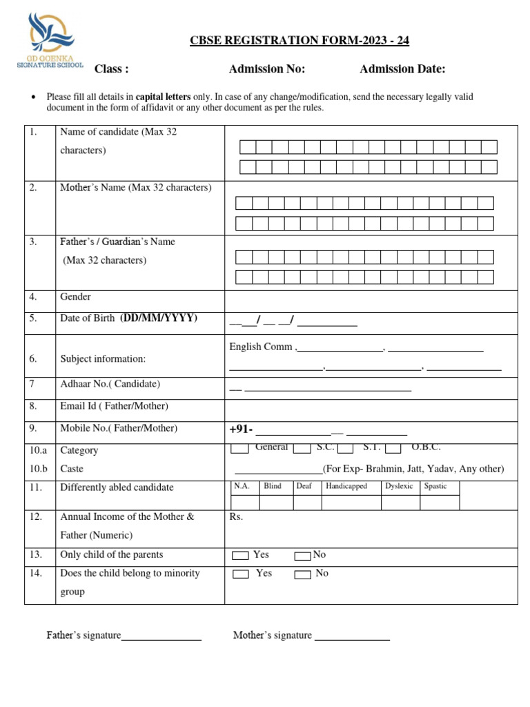 CBSE Class 10 Registration Form 2023-24 | PDF