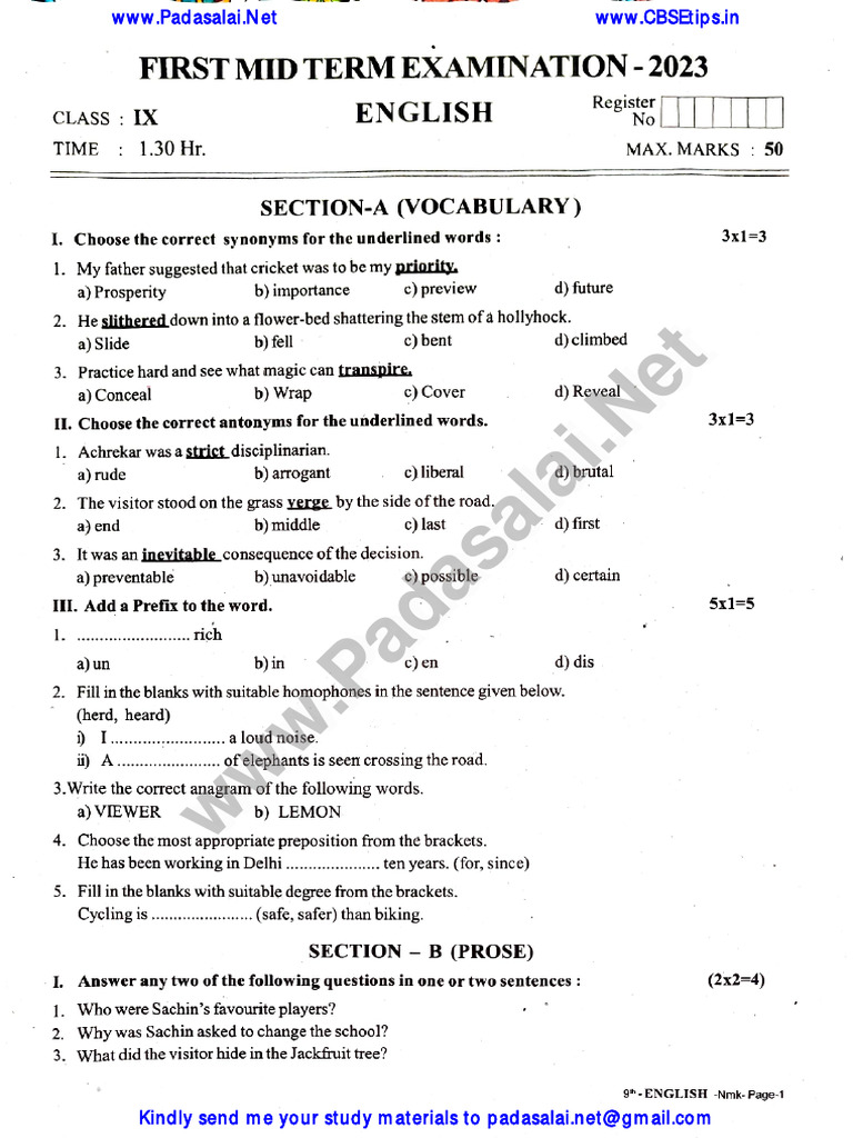 9th English EM 1st Mid Term Exam 2023 Original Question Paper ...
