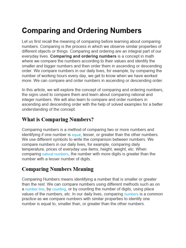 Comparing and Ordering Numbers | PDF | Numbers | Mathematics