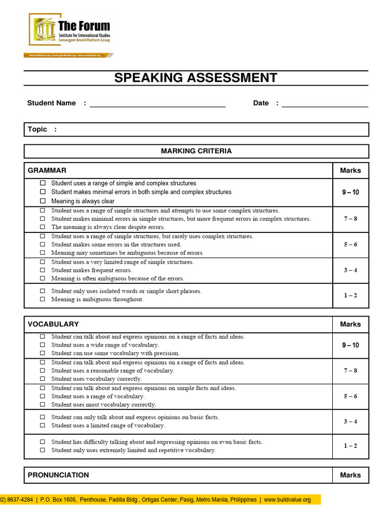 Speaking Assessment Criteria Guide | PDF | Vocabulary | Communication