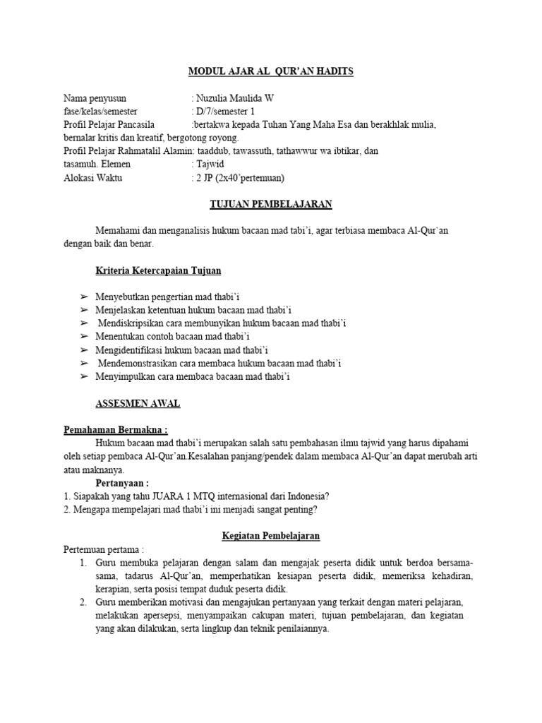 Modul Ajar 1x Pertemuan Qurdis | PDF