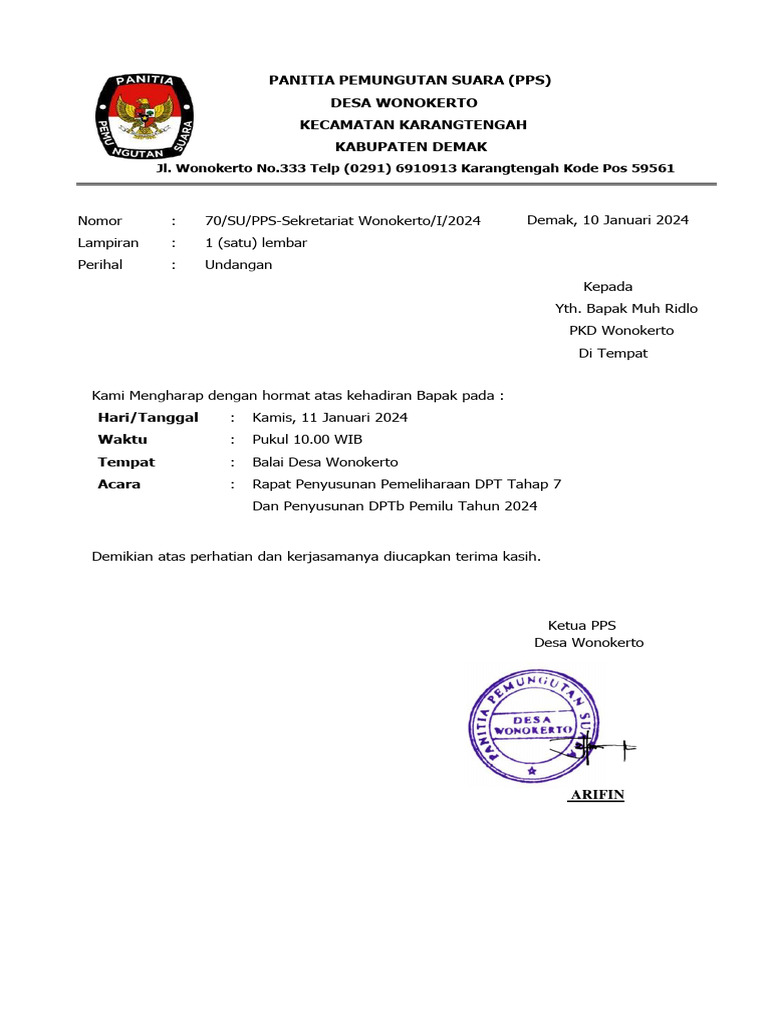 Undangan Rapat DPT Pemilu 2024 | PDF