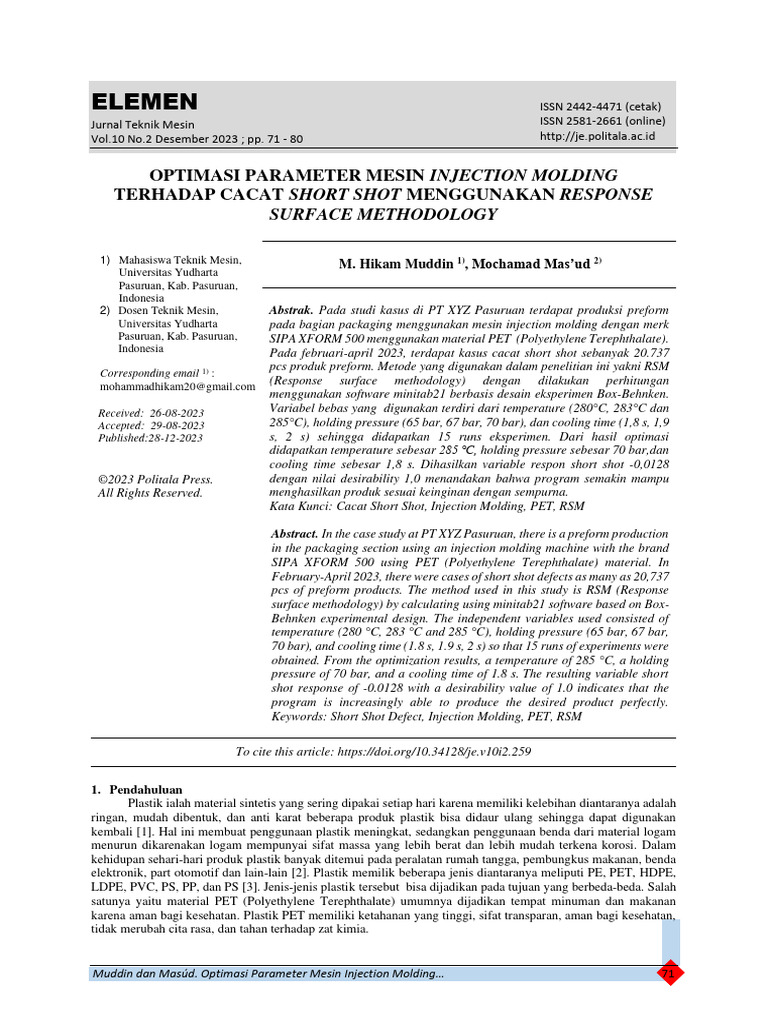 Optimasi Short Shot pada Injection Molding | PDF | Sains & Matematika ...