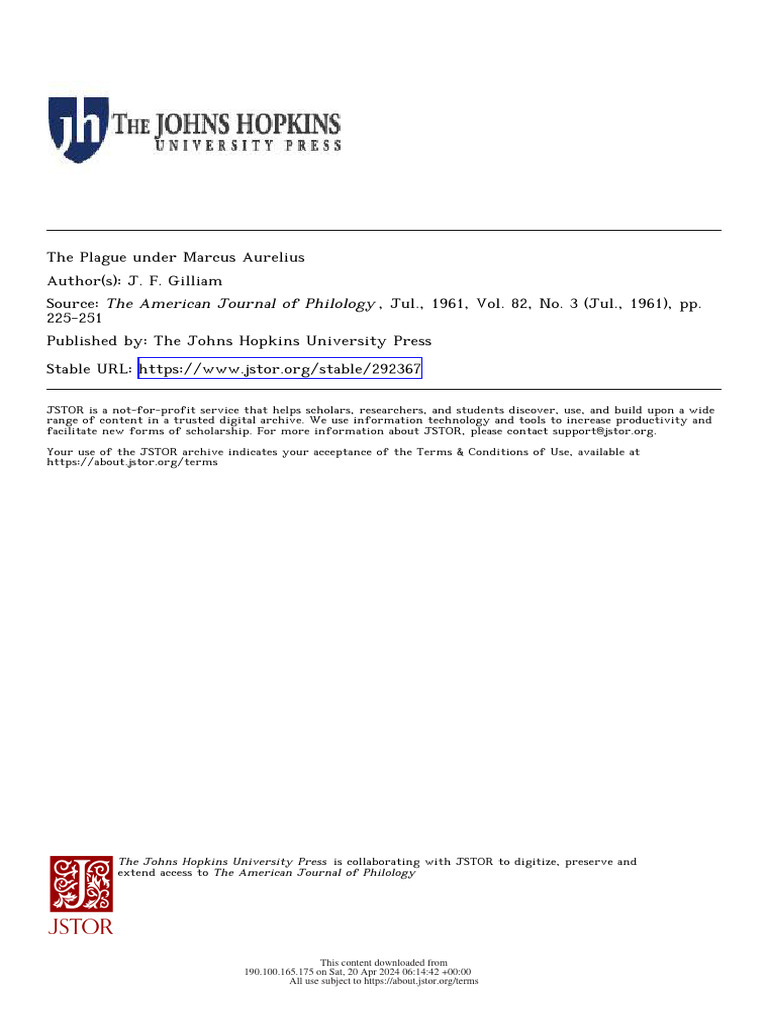 Gilliam, J. F - Plague Under Marcus Aurelius | PDF | Marcus Aurelius