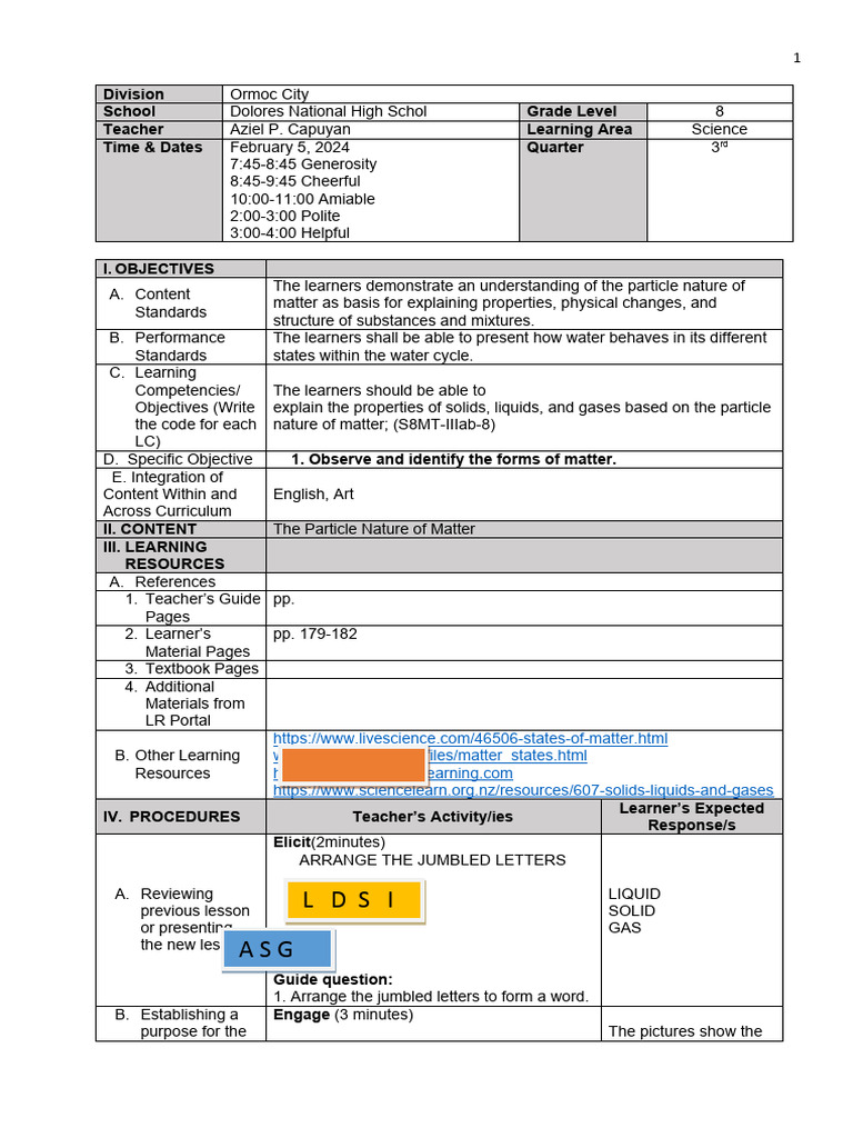 Daily Lesson Plan in Science 8 Quarter 3 DAY 1 | PDF | Gases | Liquids