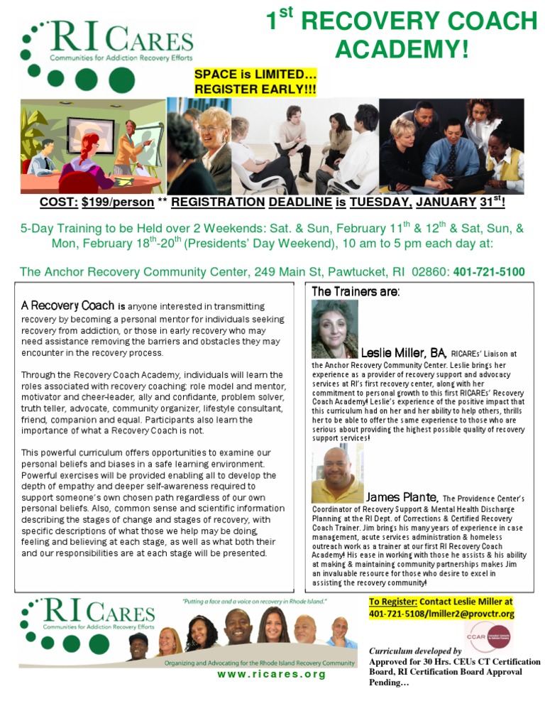RICARES Recovery Coach Academy Flyer | PDF | Recovery Approach | Mentorship