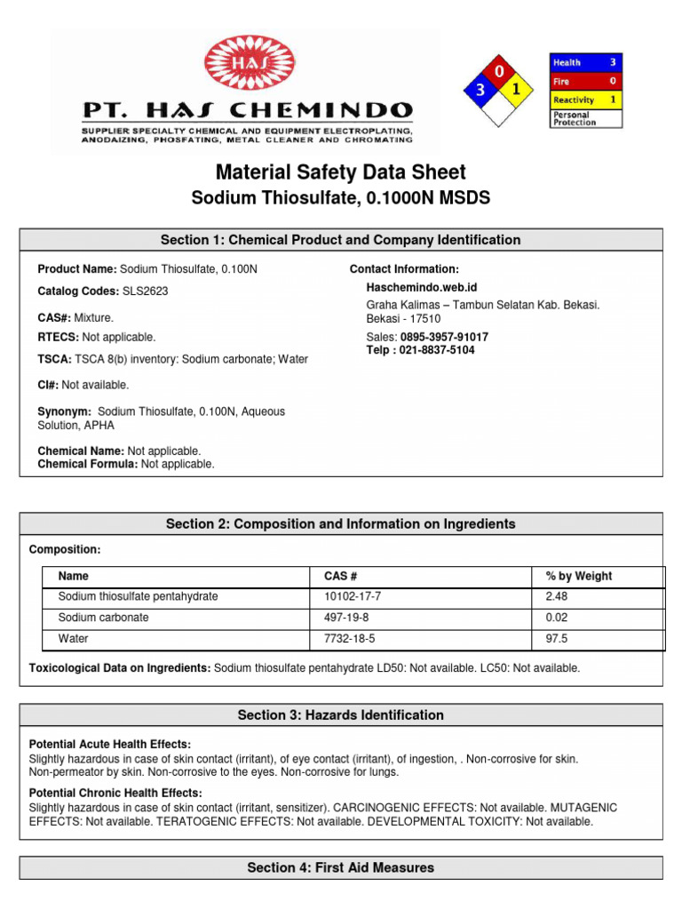 Material Safety Data Sheet Na2S2O3 0.1 N | PDF | Toxicity | Water