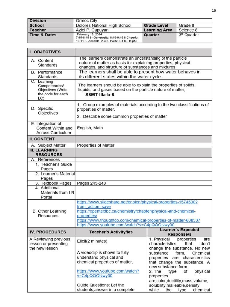 Properties of Matter Lesson Plan | PDF | Chemical Substances | Chemistry
