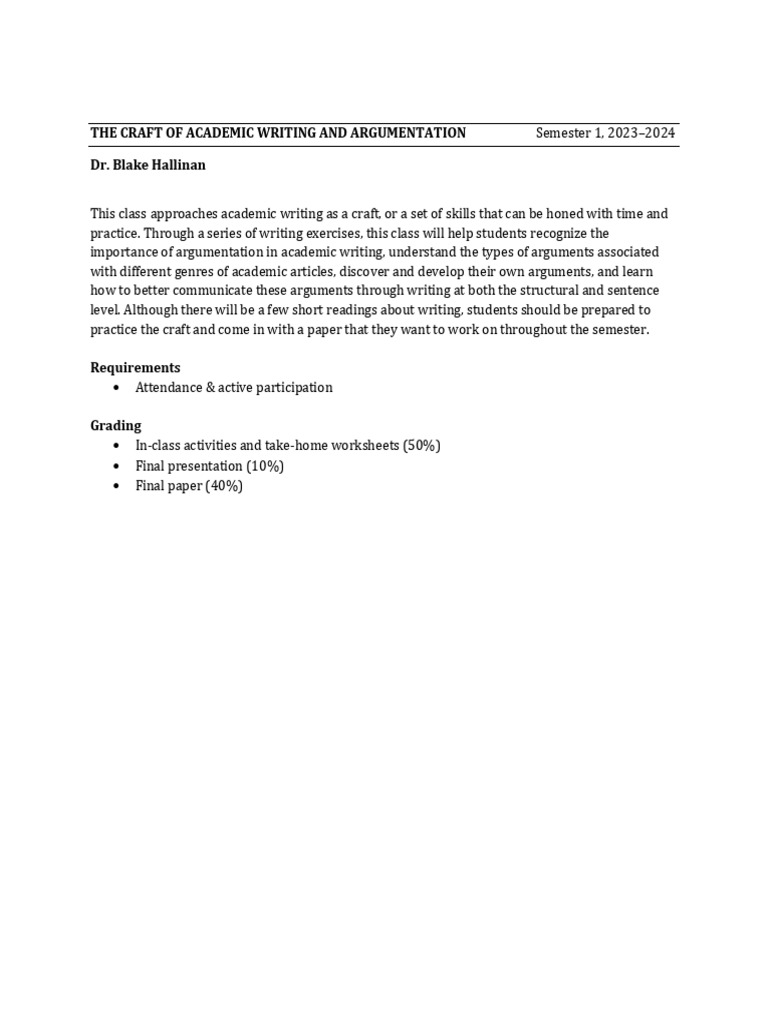The Craft of Academic Writing and Argumentation - Syllabus 2023 ...