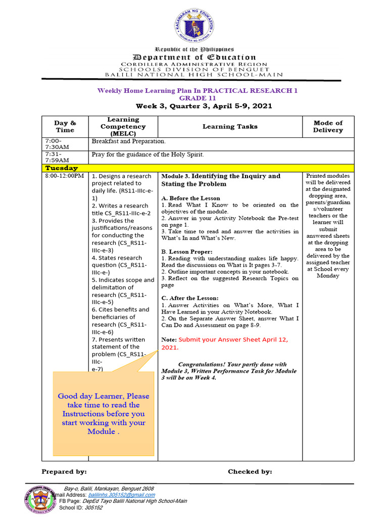 Weekly Home Learning Plan - PR1 - Q3 - w3 | PDF | Learning | Cognitive Science