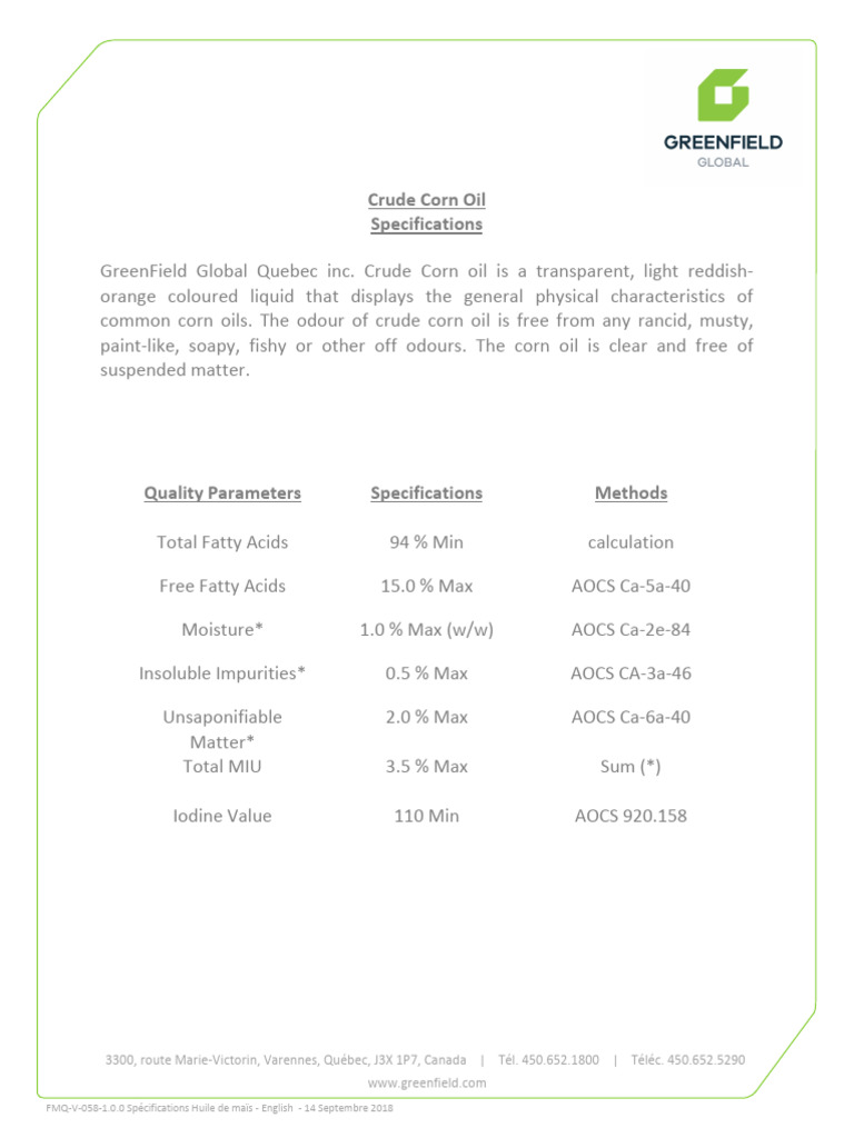Crude Corn Oil Specifications | PDF