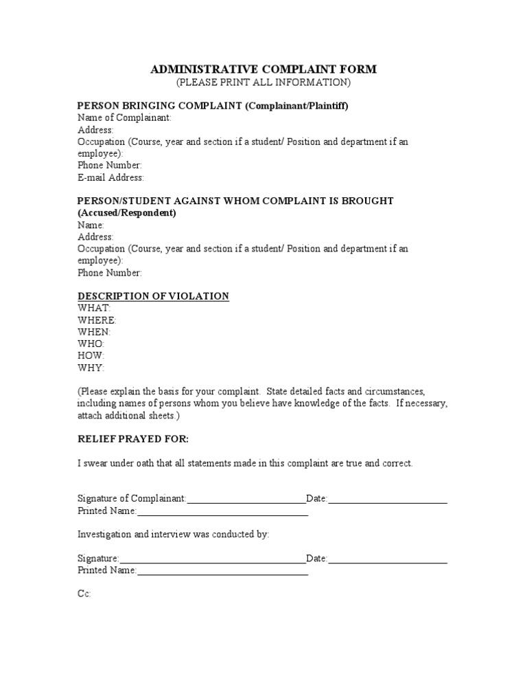 Administrative Complaint Form Template Pdf