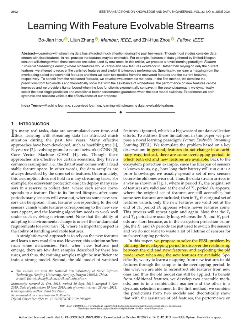 Learning With Feature Evolvable Streams (Hou, Zhang, and Zhou 2017) | PDF | Artificial ...