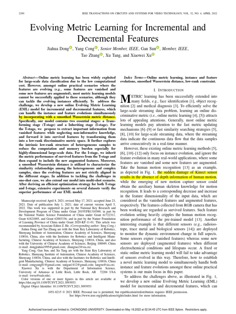 Evolving Metric Learning For Incremental and Decremental Features | PDF | Learning ...