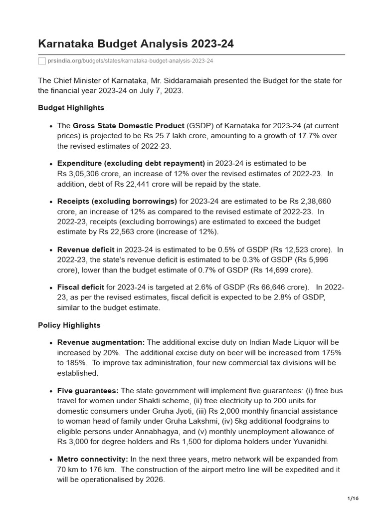 Karnataka Budget Analysis 2023-24 | PDF | Government Budget Balance | Taxes