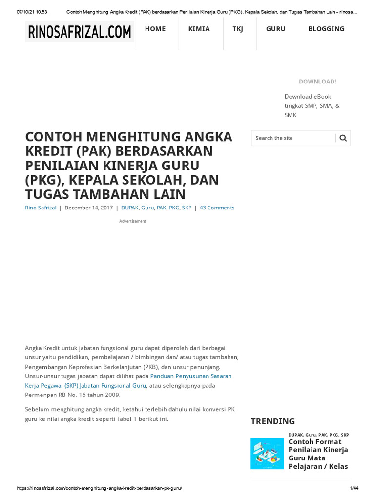 Contoh Menghitung Angka Kredit (PAK) Berdasarkan Penilaian Kinerja Guru (PKG), Kepala Sekolah ...