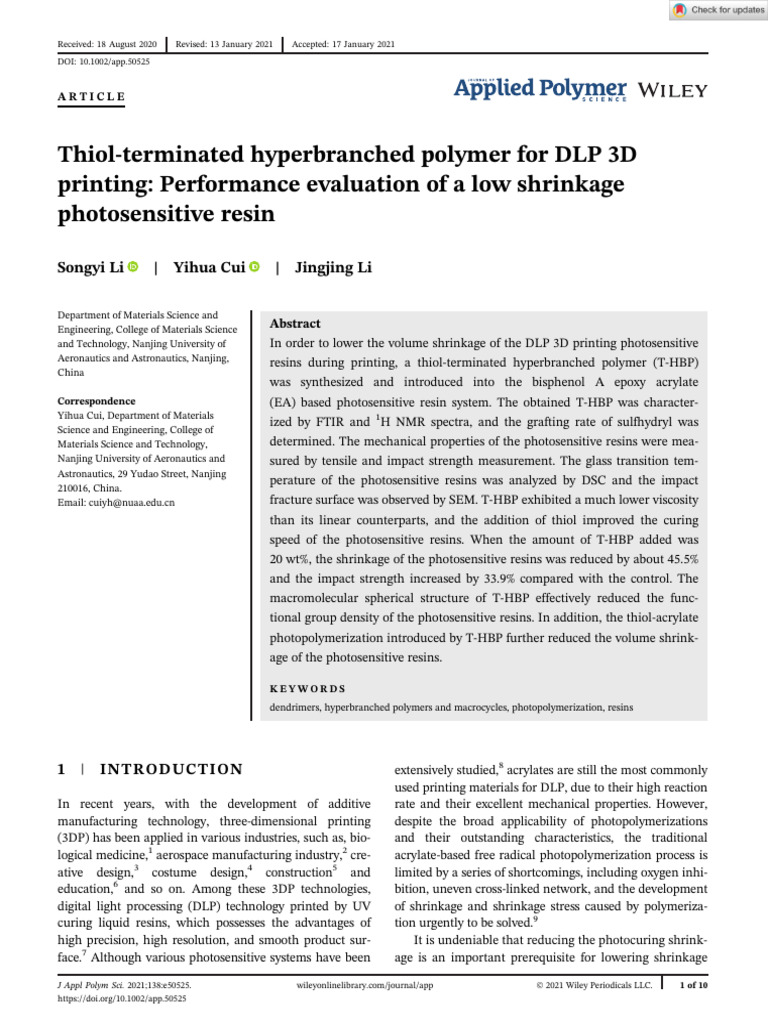 J of Applied Polymer Sci - 2021 - Li - Thiol Terminated Hyperbranched Polymer For DLP 3D ...
