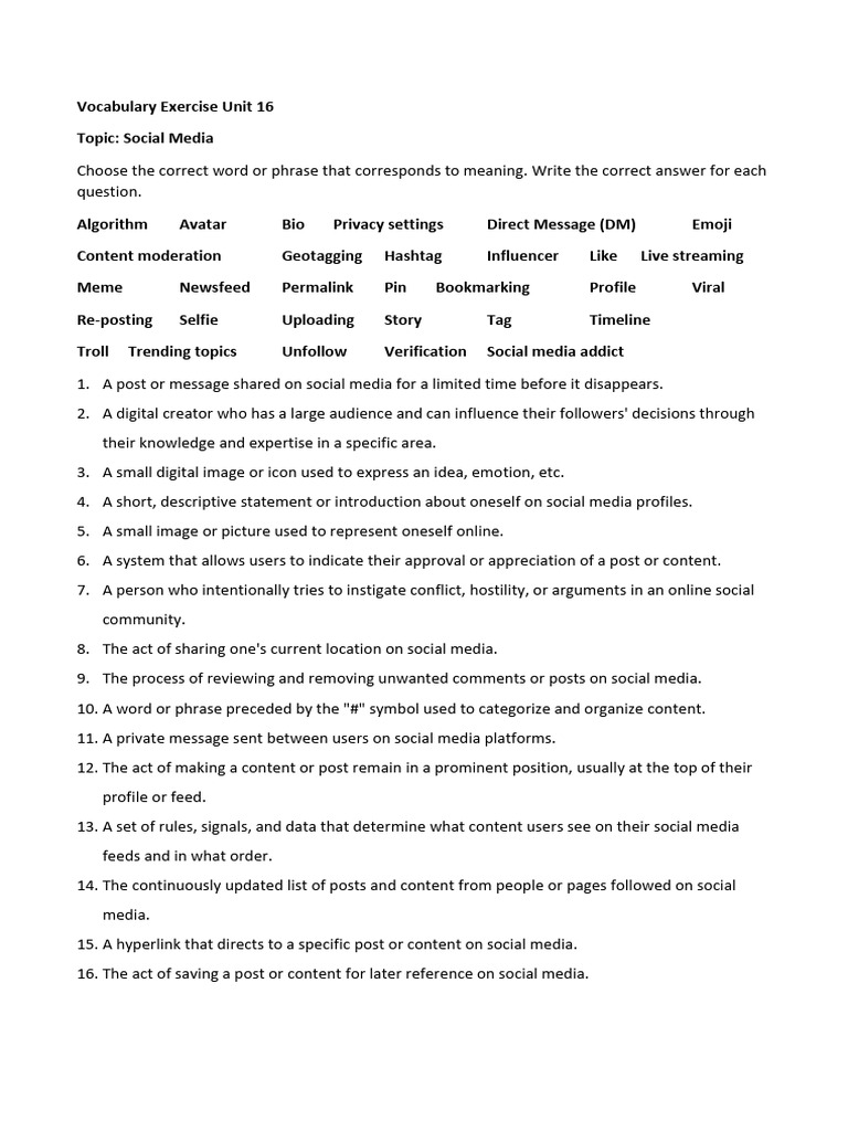 Social Media Vocabulary Exercises | PDF | Popular Culture & Media ...
