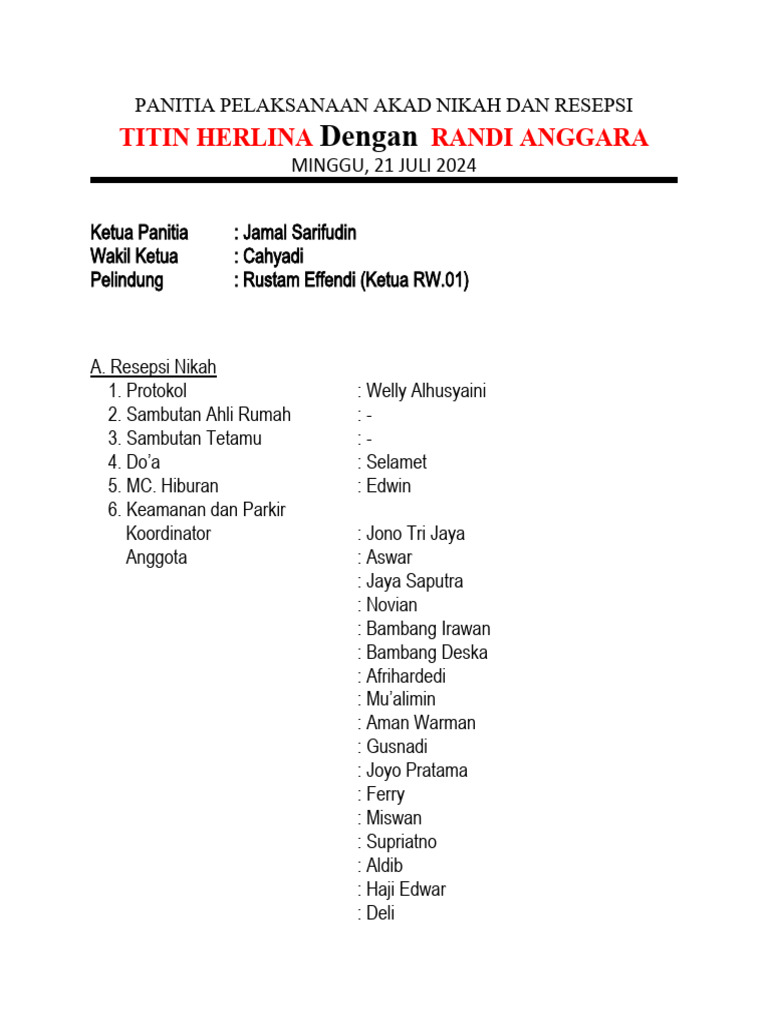 Susunan Panitia Pernikahan Titin & Randi | PDF