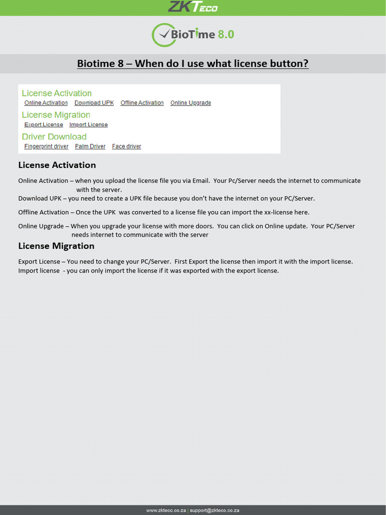 Biotime 8 - When Do I Use What License Button | PDF