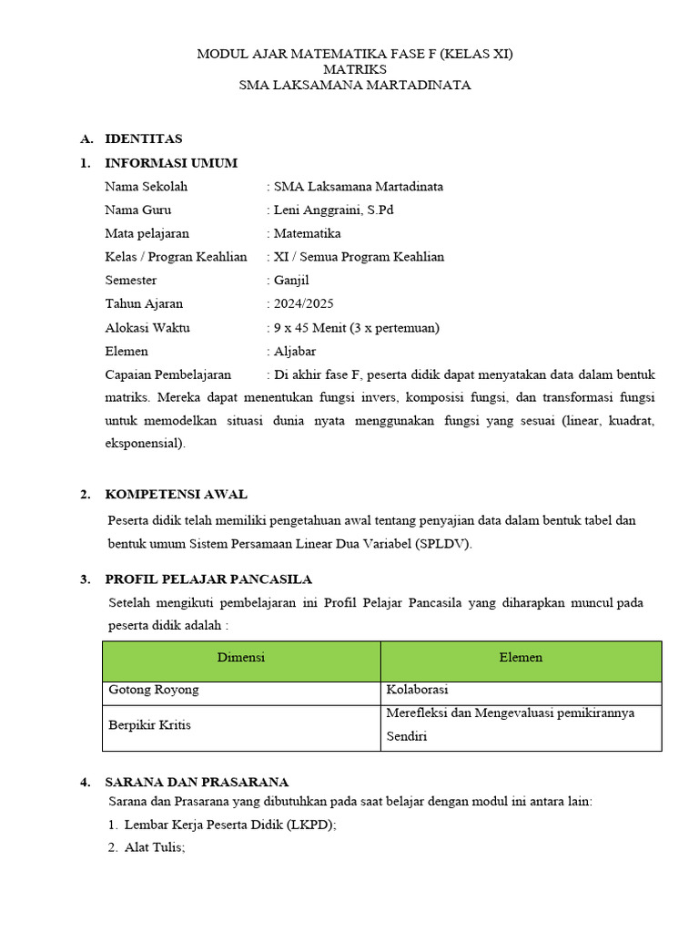 Modul Ajar Matematika - Matriks - Fase F | PDF | Komputer