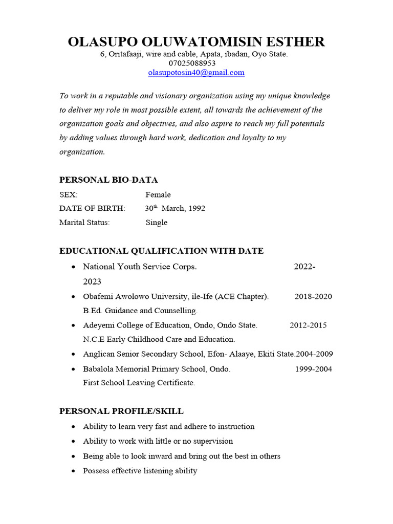 Tomisin CV Updated 1-3 | PDF | Learning | Behavior Modification