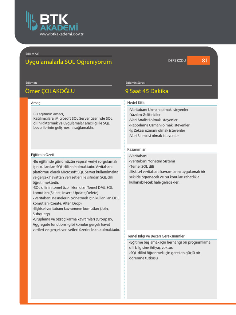 Uygulamalarla SQL Ogreniyorum Egitim Bilgi Formu | PDF