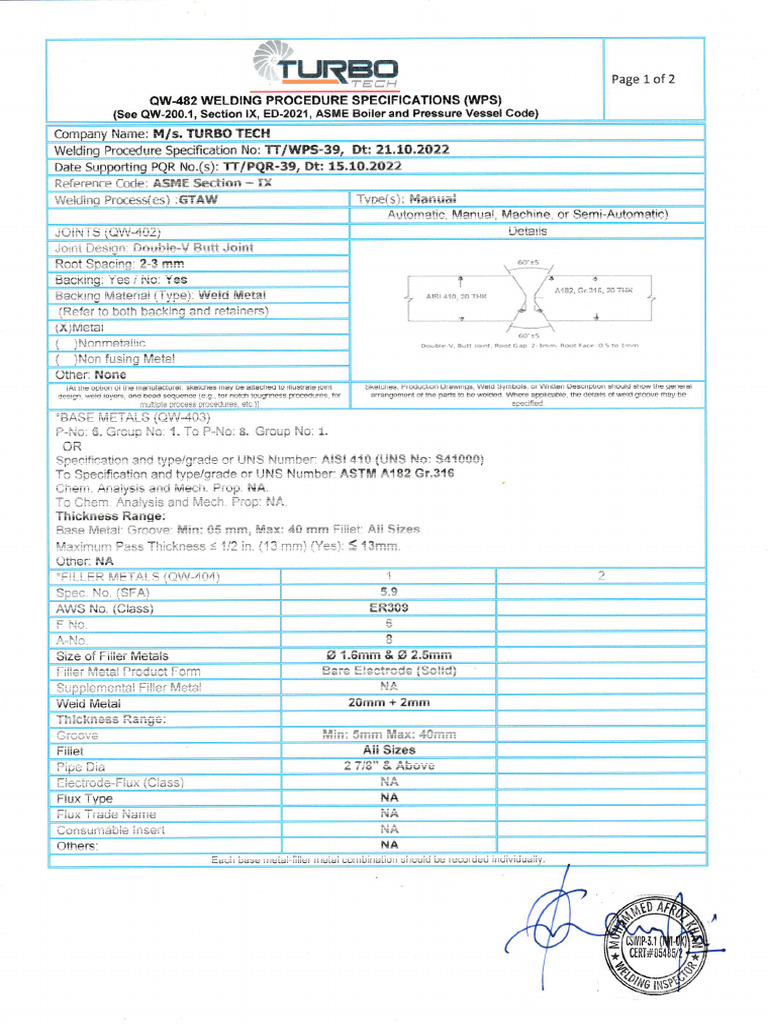 Wps PQR WPQ Aisi410 To A182 Gr.316 | PDF | Welding | Construction