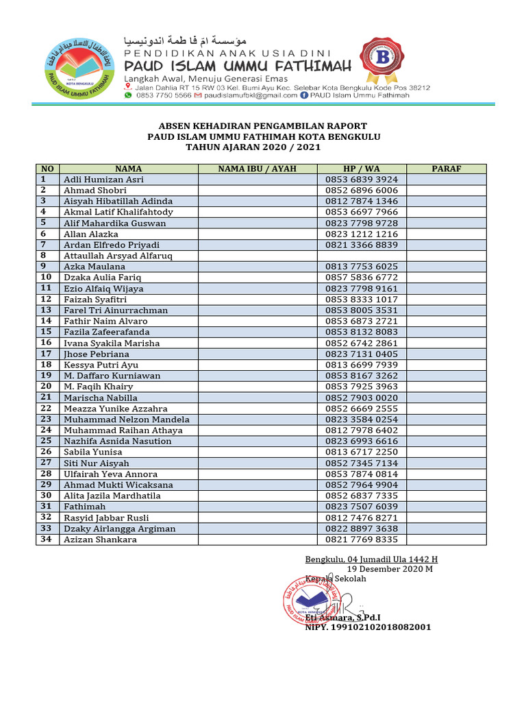 Absen Kehadiran Pengambilan Raport | PDF
