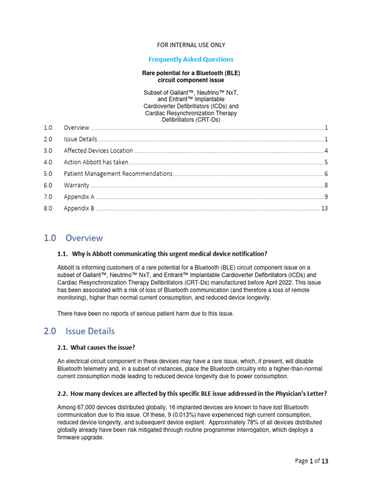 23-81743 FSCA NGQ Rare BLE Issues FAQ-Internal Use Only (GLOBAL) v2 | PDF | Bluetooth | Computing
