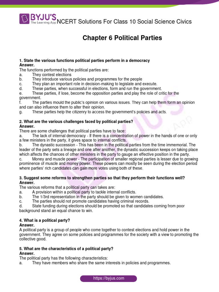 NCERT Solutions Class 10 Social Science Civics Chapter 6 Political ...