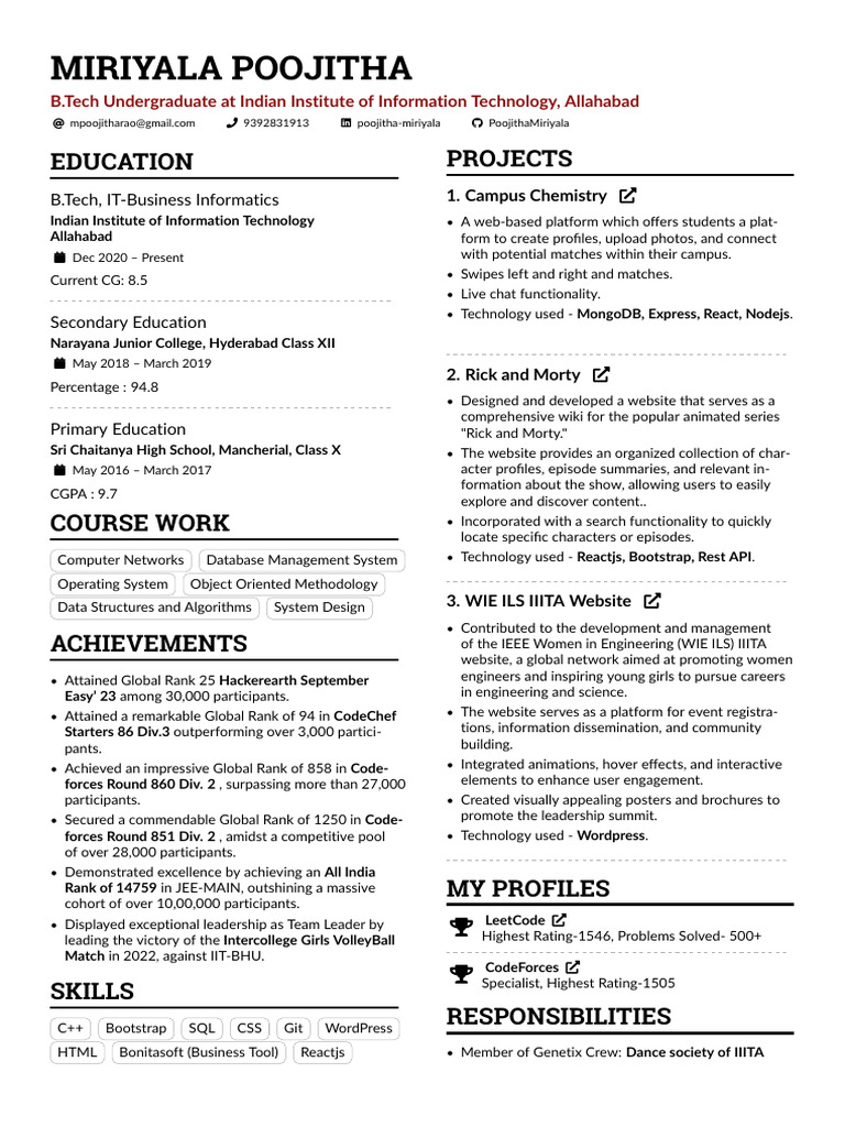 Resume Miriyala Poojitha | PDF | Computing | Information Technology