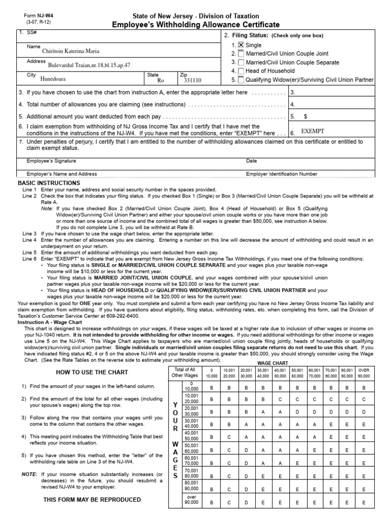 NJ Employee Withholding Allowance Certificate Fillable | PDF | Payroll ...