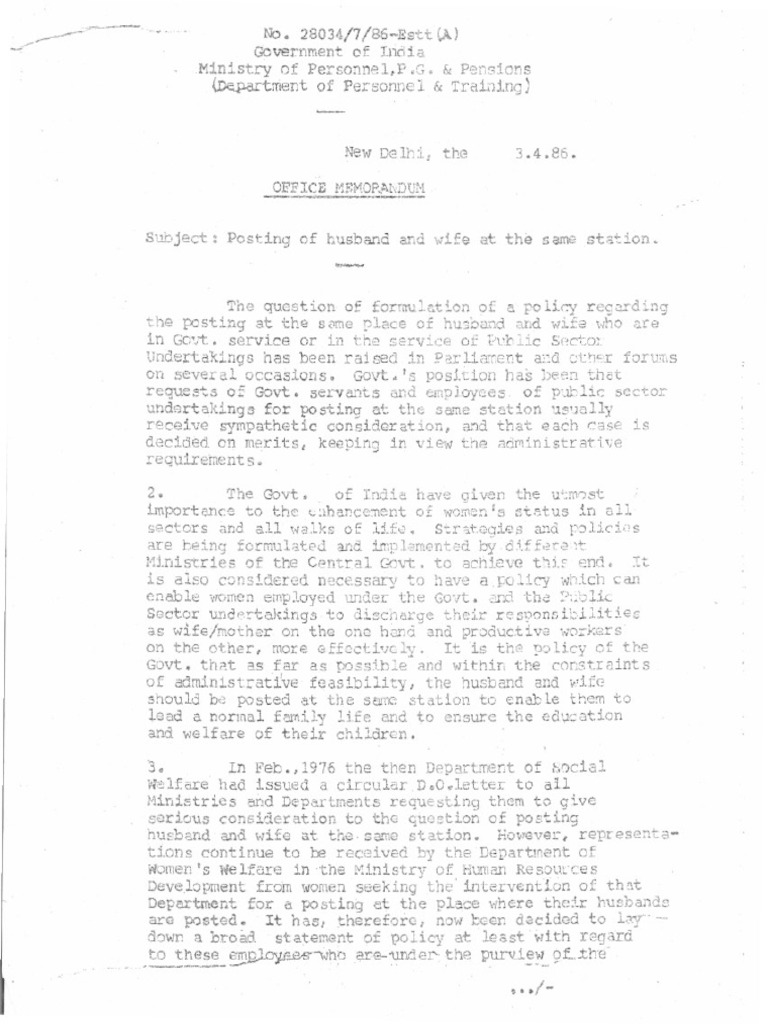 DOPT Circular 28034 - 7 - 86 - Estt (A) 1986 Husband Wife Same Posting ...
