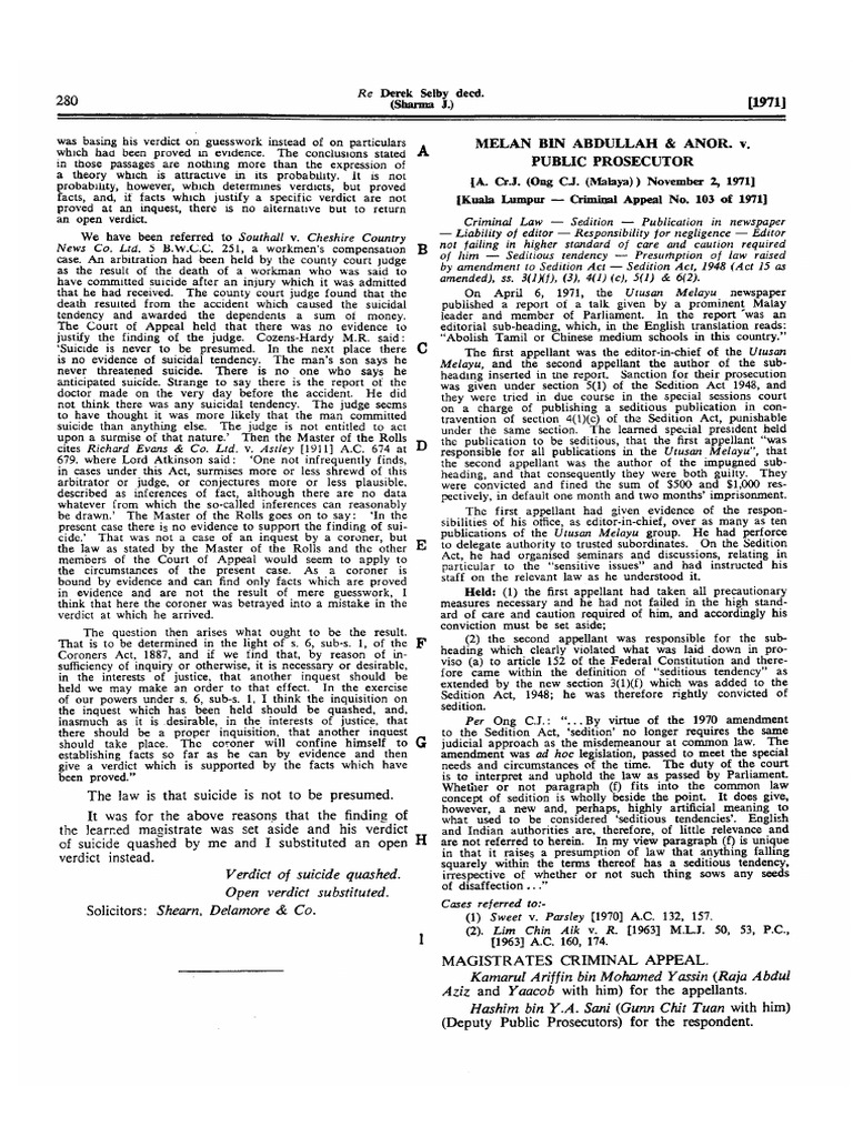 MELAN BIN ABDULLAH & ANOR V PUBLIC PROSECUTOR, (1971) 2 MLJ 280 - Attachment1 | PDF