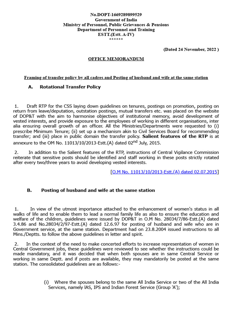 Framing of Transfer Policy by All Cadres and Posting of Husband and Wife at The Same Station ...