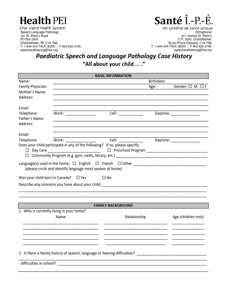 Paediatric Speech Pathology Case History | PDF | Speech | Language ...